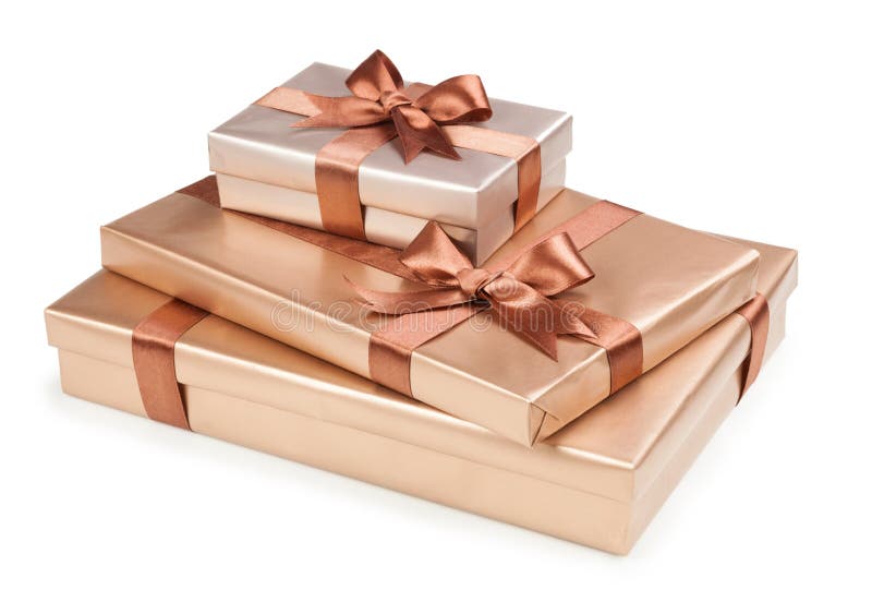 Gold Box with Gifts and Brown Bow Stock Photo - Image of surprise ...