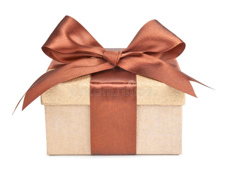 Gold Box with Gifts and Brown Bow Stock Image - Image of container ...