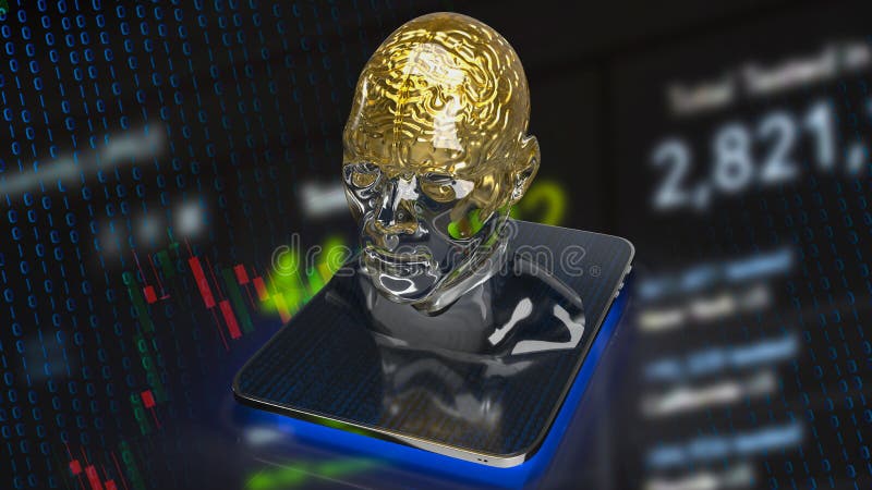 Gold Brain in Clear Head on Tablet for Business or Technology Concept ...