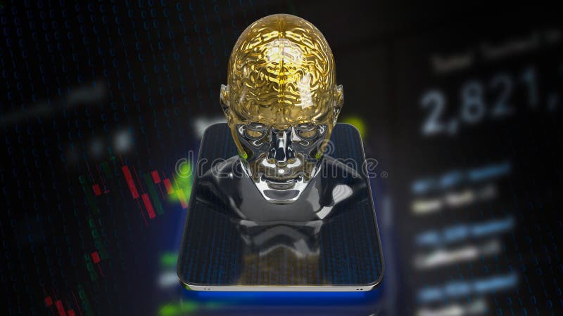 Gold Brain in Clear Head on Tablet for Business or Technology Concept ...