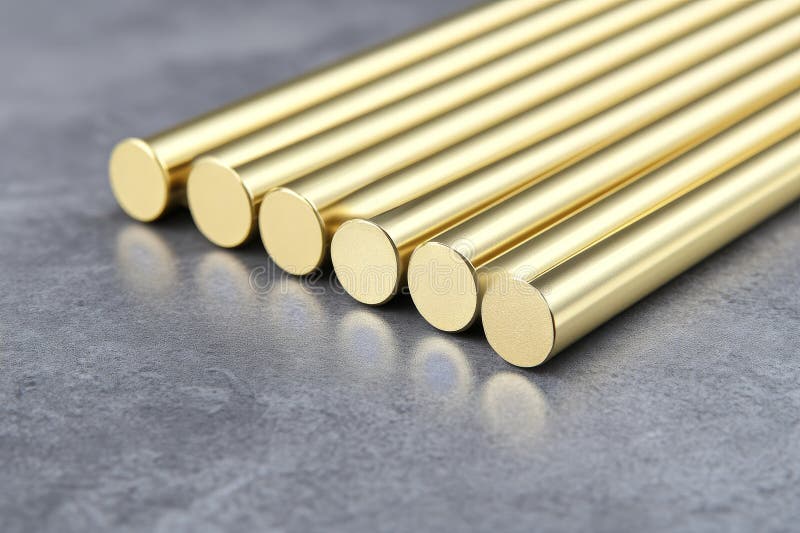 Gold Brass Rods on Gray Surface Closeup of Several Shiny Gold Brass ...