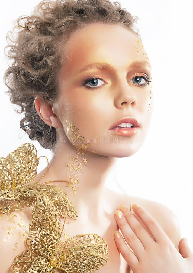 Gold Bright Make-up. Beauty Woman Face. Creativity Stock Photo - Image ...