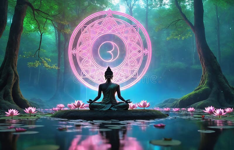 Gold Buddha Statue in Lotus Pose Practicing Meditation in Spring Forest ...