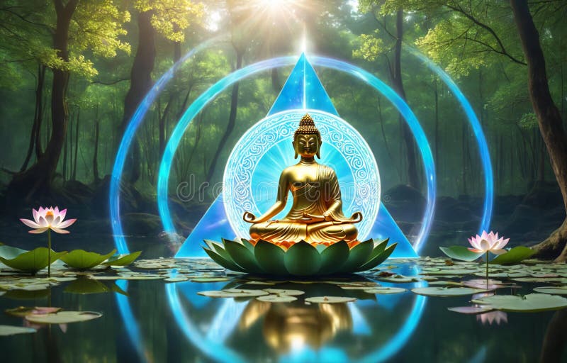 Gold Buddha Statue in Lotus Pose Practicing Meditation in Spring Forest ...