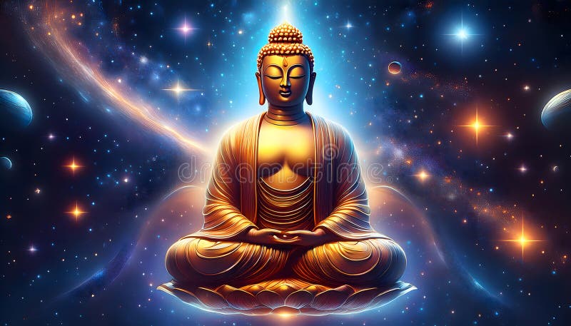 Gold Buddha Statue Meditating Float through Space with the Stars As a ...