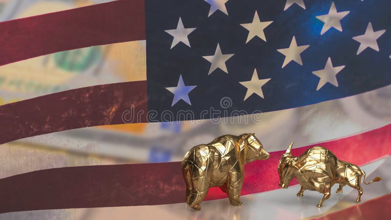 The Gold Bull Bear on Usa Flag for Business Concept 3d Rendering Stock ...