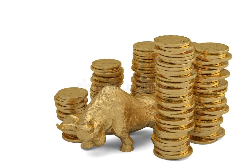 Gold Bull with Gold Coin Stacks on Arrow.3D Illustration. Stock ...