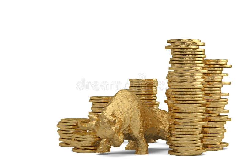 Gold Bull with Gold Coin Stacks on Arrow.3D Illustration. Stock ...