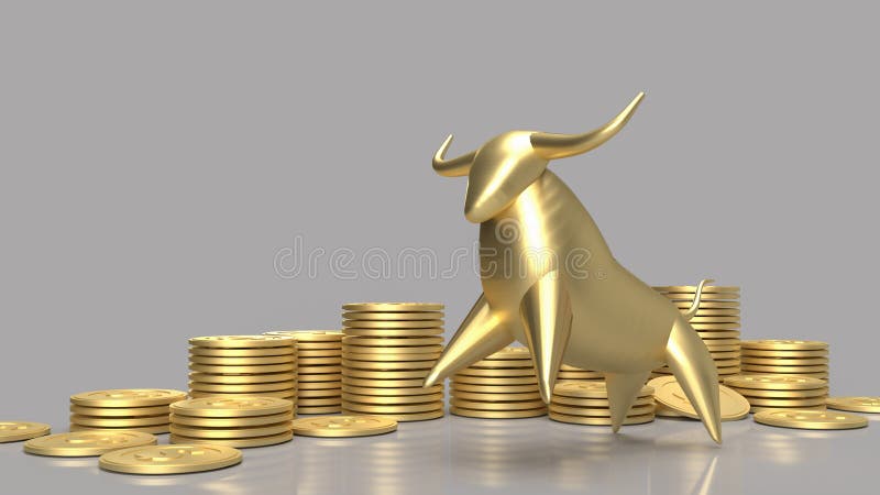 The Gold Bull and Coins Group for Business Content 3d Rendering Stock ...