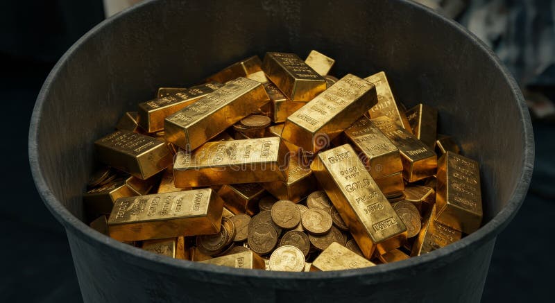 Gold Bullion and Coins in a Bin a Dark Bin Overflowing with Gold ...