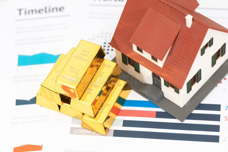 Gold Bullion and House Model on Documents Stock Image - Image of wealth ...