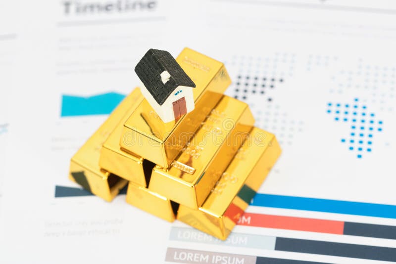 Gold Bullion and Small House Model on Documents Stock Image - Image of ...