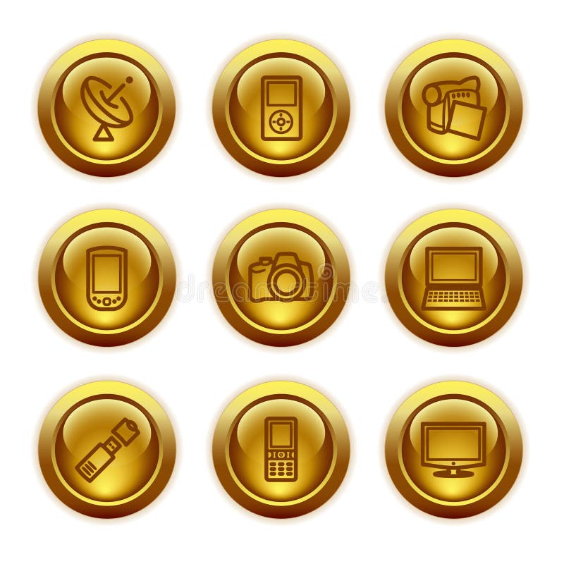 Gold Button Web Icons, Set 16 Stock Vector - Illustration of antenna ...