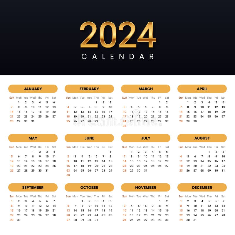2024 Gold Calendar. Twelve Months on One Page. the Week Begins with ...