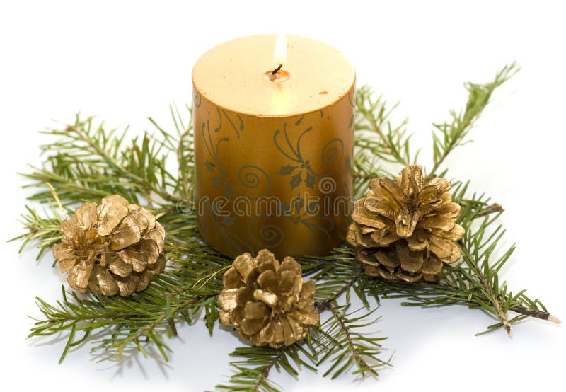 Gold candle stock image. Image of coniferous, green, gold - 12392185