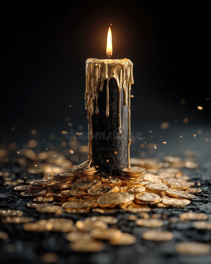 Gold Candle Melting Over Coins in Dark Stock Illustration ...