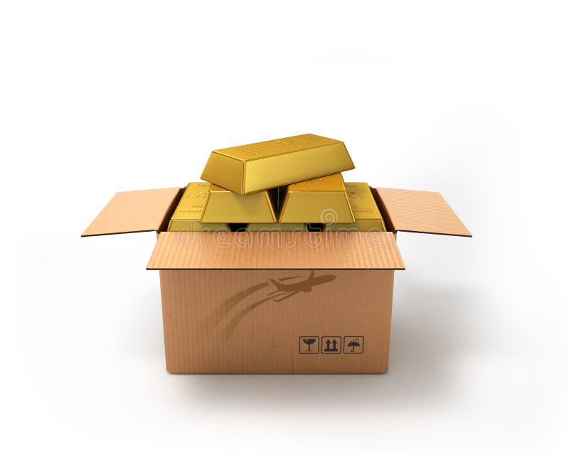 Gold in a Cardboard Box on White Background Stock Photo - Image of ...