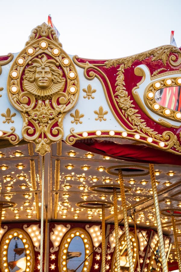 Gold Carousel at Carnival with Lights Stock Image - Image of carnival ...