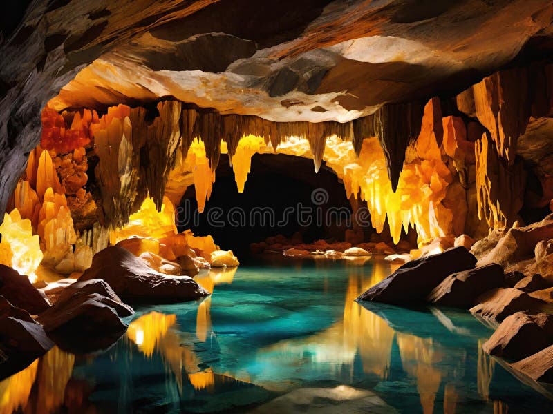 Gold cave in the mountains stock illustration. Illustration of water ...