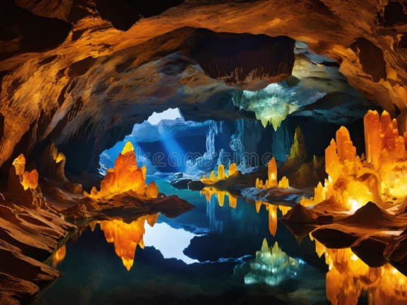 Gold cave in the mountains stock illustration. Illustration of famous ...