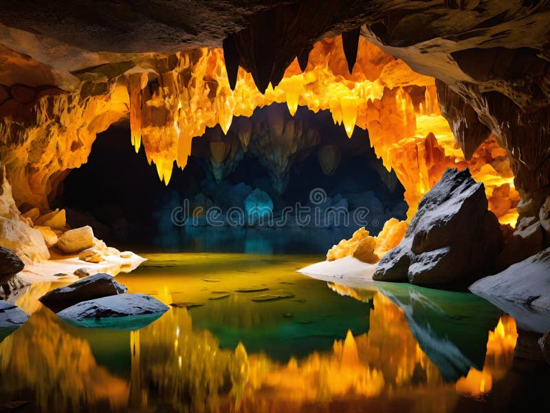 Gold cave in the mountains stock illustration. Illustration of ...