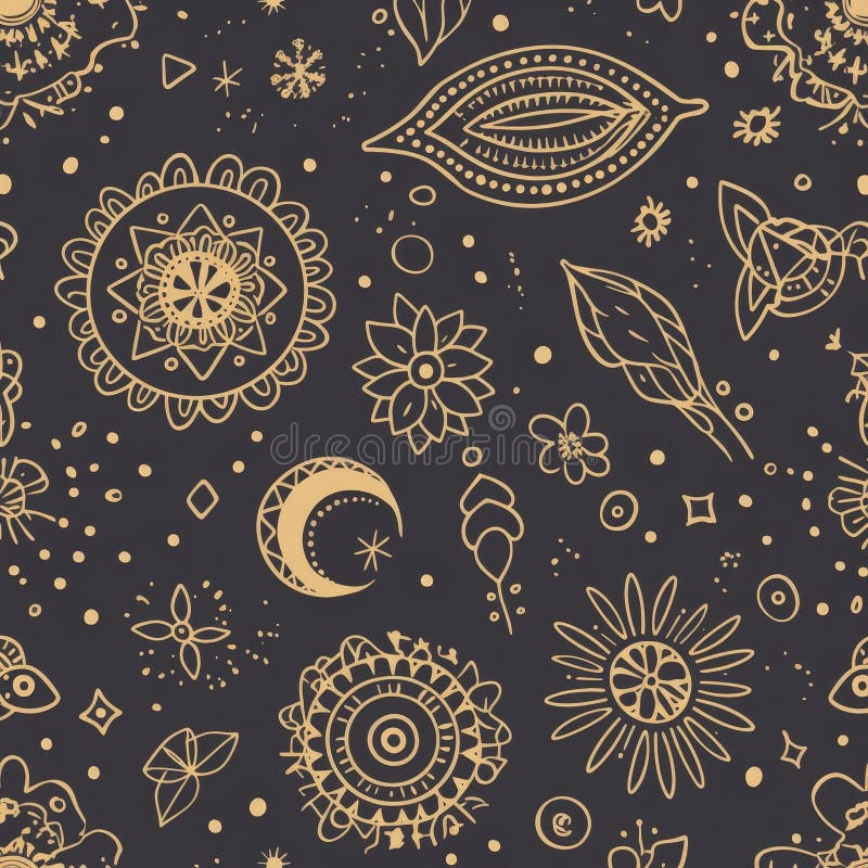 Gold Celestial Floral Pattern Design Stock Illustration - Illustration ...