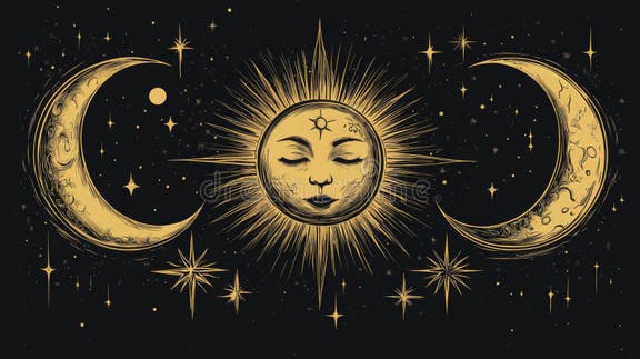 Gold Celestial Sun and Moons with Stars on Black Background Stock ...