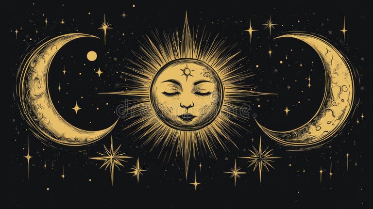 Gold Celestial Sun and Moons with Stars on Black Background Stock ...