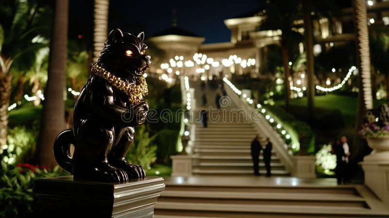 Gold-chained Cat Statue at Mansion Party Stock Image - Image of ...