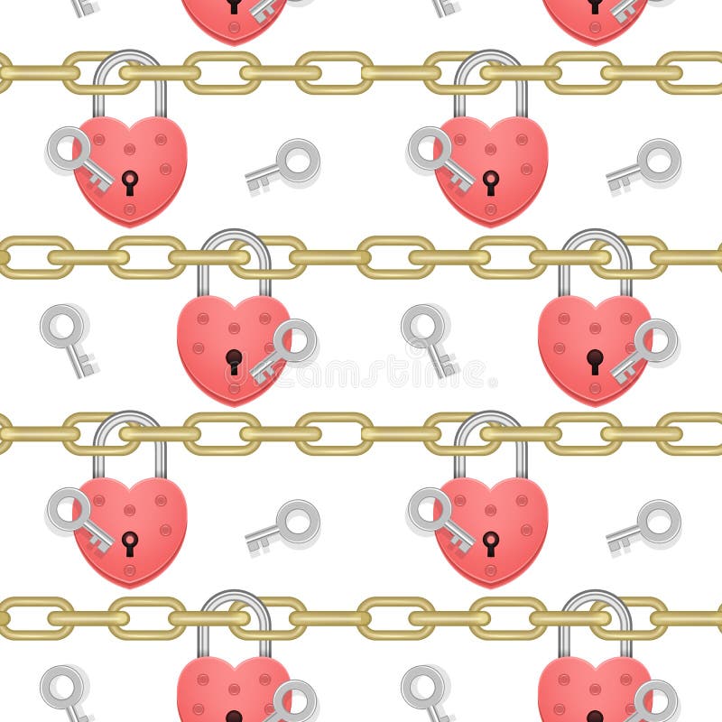 Gold Chains, Keys and Locks of Love. Vector Seamless Pattern with White ...