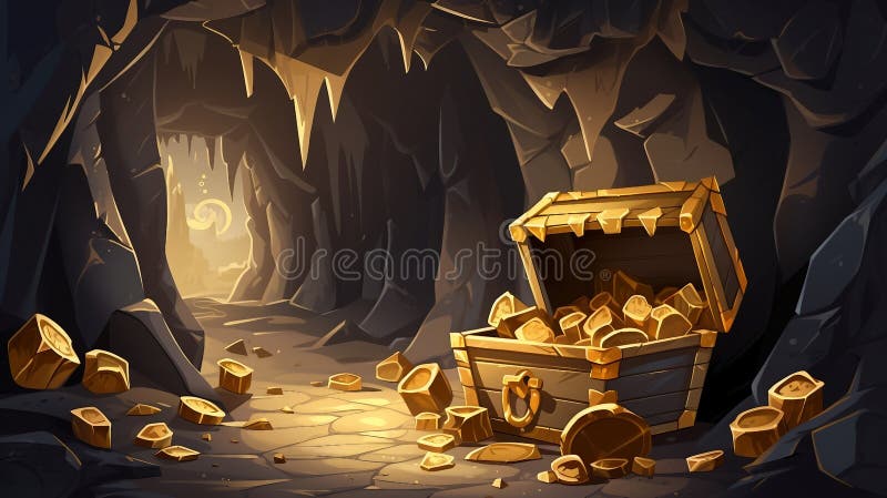 Gold Chest in a Cave with Gold Coins Illustration AI Generated Stock ...