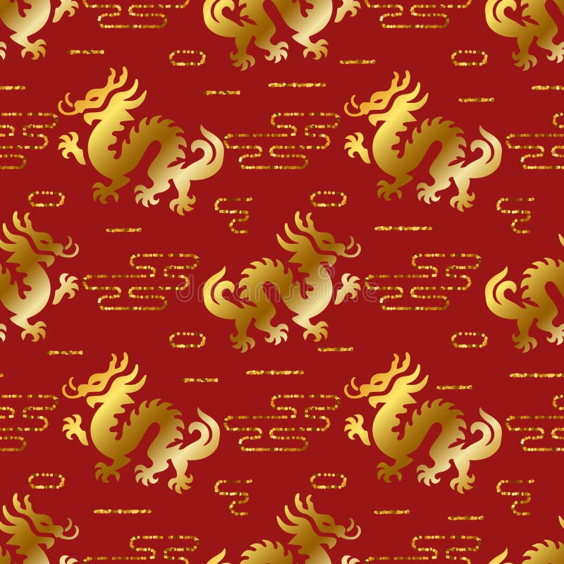 Gold Chinese Dragon Vector Seamless Pattern on Red Background Stock ...