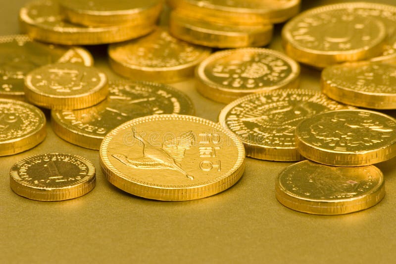 Gold chocolate coins stock photo. Image of stacks, gold - 6893064