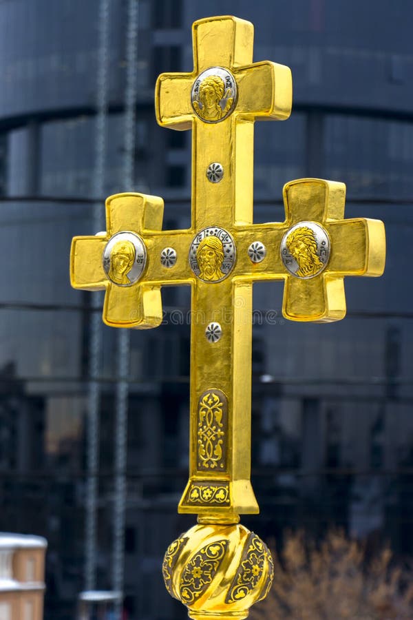 Gold Christian Cross On A Background Of Blue Sky Stock Image - Image of ...