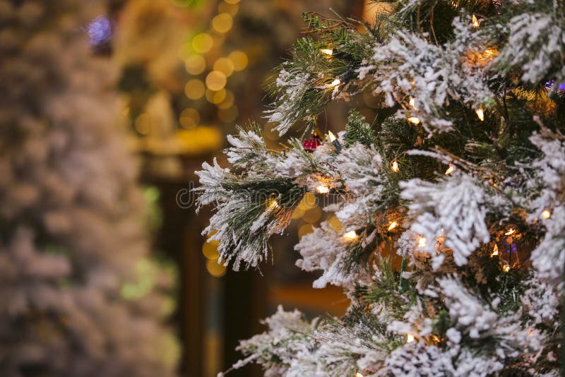 Gold Christmas Background of Lights with Decorated Tree. New Year Decor ...