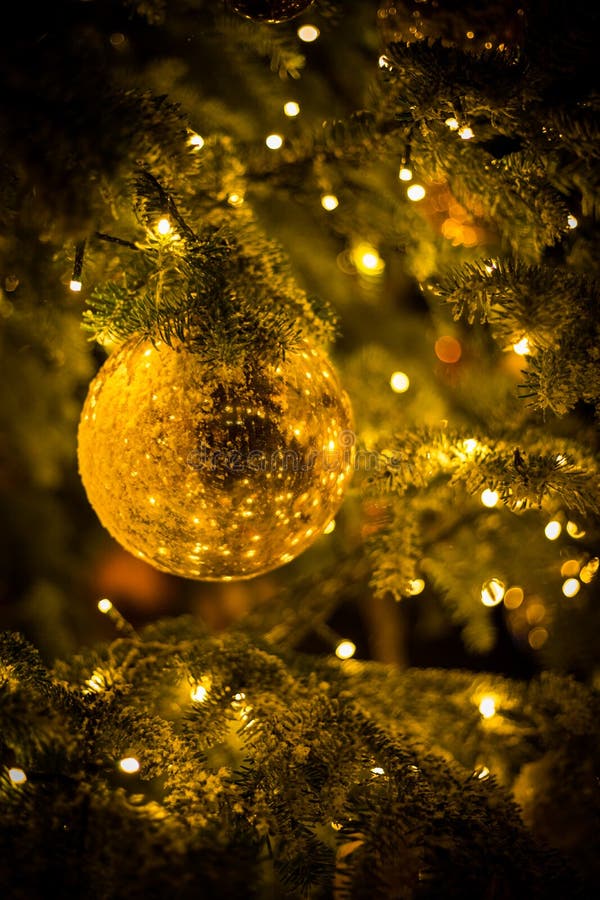 Gold Christmas Balls with Christmas Tree Stock Image - Image of ball ...