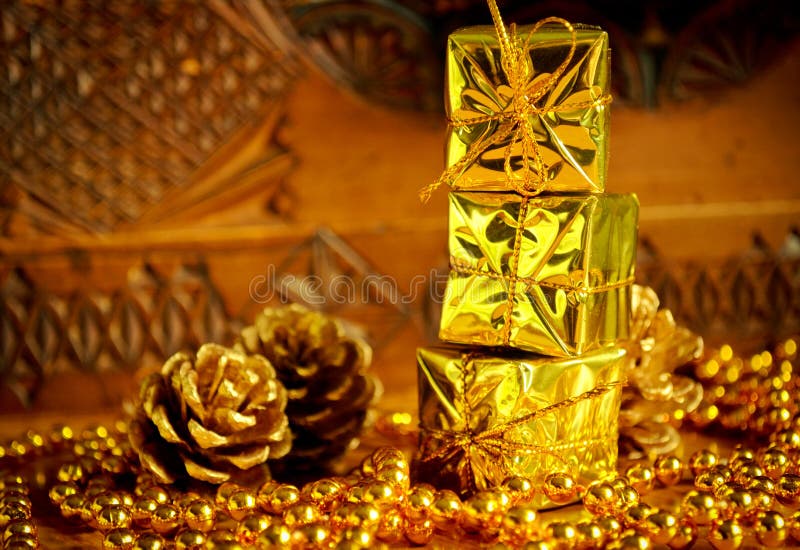 Gold Christmas gifts stock photo. Image of years, winter - 27977280