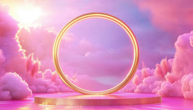 Gold Circle Frame with Ribbon Decoration and Glitter Light Effects on a ...