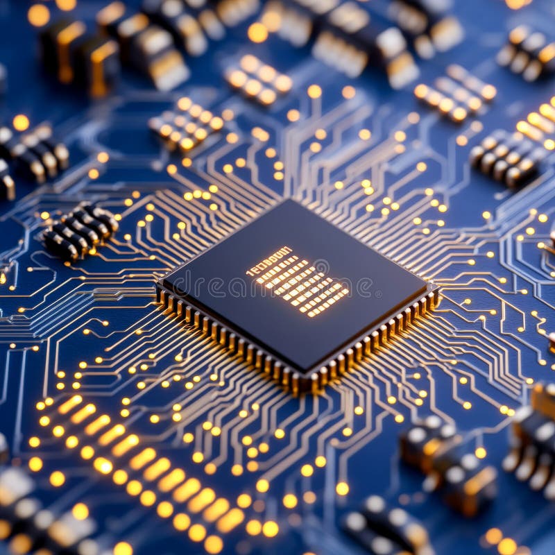 Gold Circuit Board on Deep Blue Tech Background Forming High Tech ...