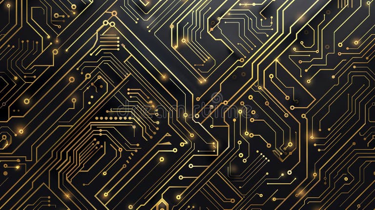 Gold Circuit Board Technology Background with Glowing Nodes Stock Image ...