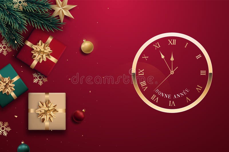 Gold Clock with Gifts on Red Backdrop Stock Vector - Illustration of ...