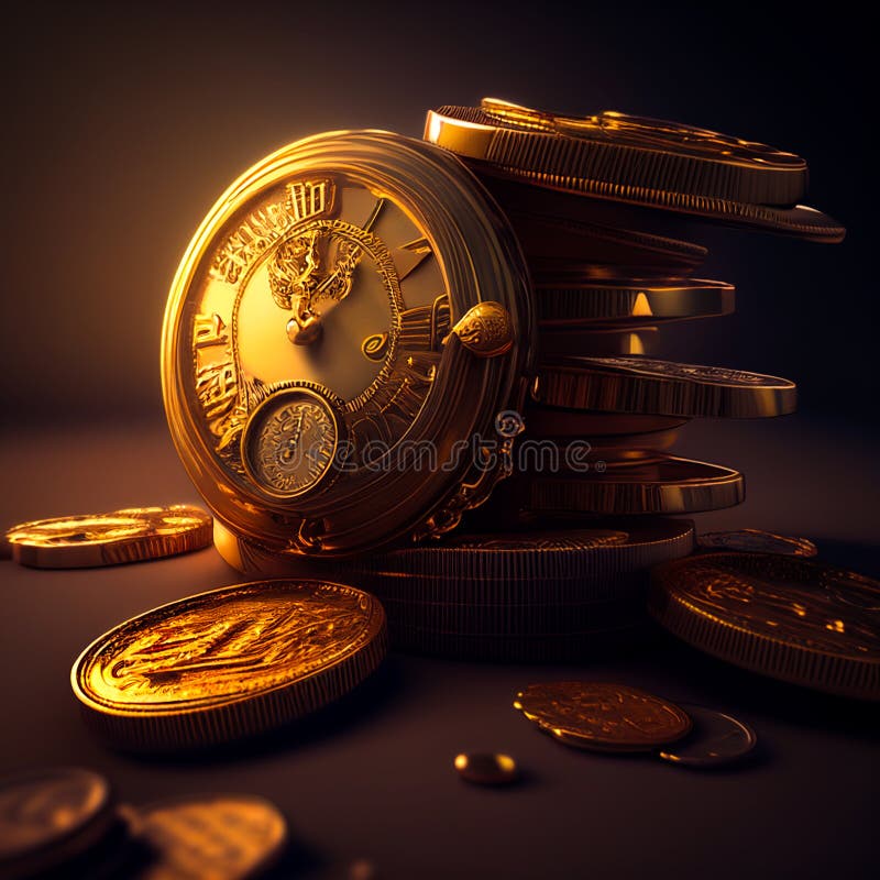 Gold Clock Near the Gold Coins Scattered Around the Table, Generated AI ...