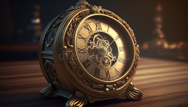 Gold Clock on a Wooden Table 3D Rendering Steampunk Stock Illustration ...