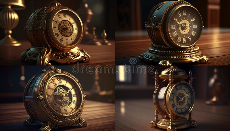 Gold Clock on a Wooden Table 3D Rendering Steampunk Stock Illustration ...