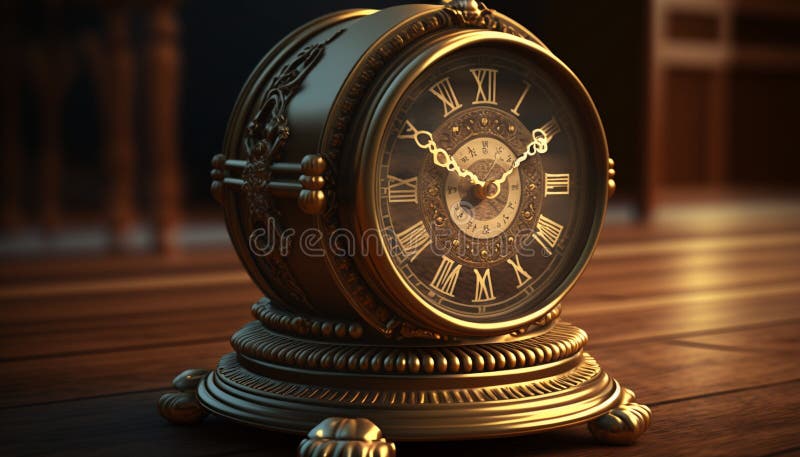 Gold Clock on a Wooden Table 3D Rendering Steampunk Stock Illustration ...