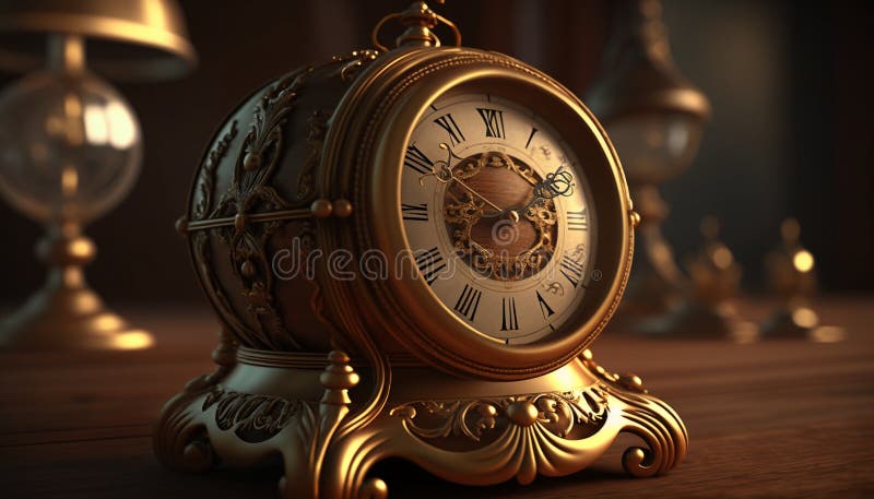 Gold Clock on a Wooden Table 3D Rendering Steampunk Stock Illustration ...