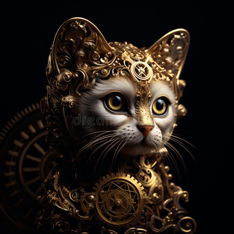 Gold Clockwork Cat in Golden Filigree, AI Generative. Stock ...