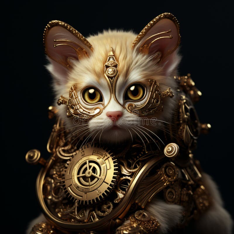 Gold Clockwork Cat in Golden Filigree, AI Generative Stock Illustration ...