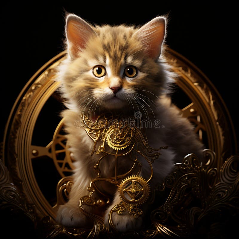 Gold Clockwork Cat in Golden Filigree, AI Generative Stock Illustration ...