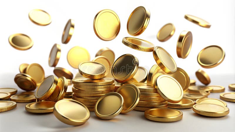 Gold Coin Abundance 3D Render, Falling and Stacked Coins Stock ...